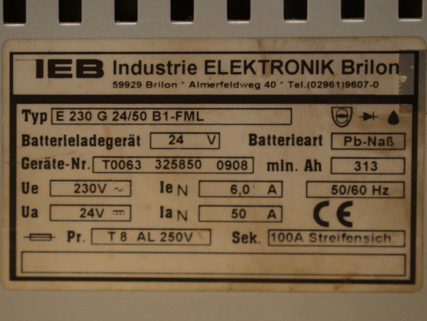 IEB Batterieladegerät E 230 G 24/50 B1-FML Gabelstaplerbatterie ...