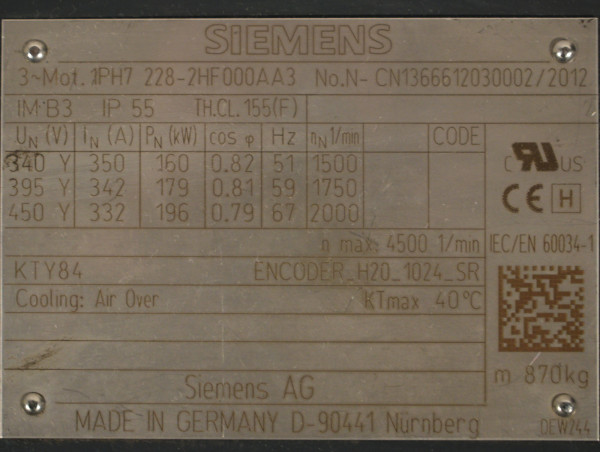 Siemens Asynchronmotor 1PH7 228-2HF000AA3 160 kW | Ackrutat-Shop